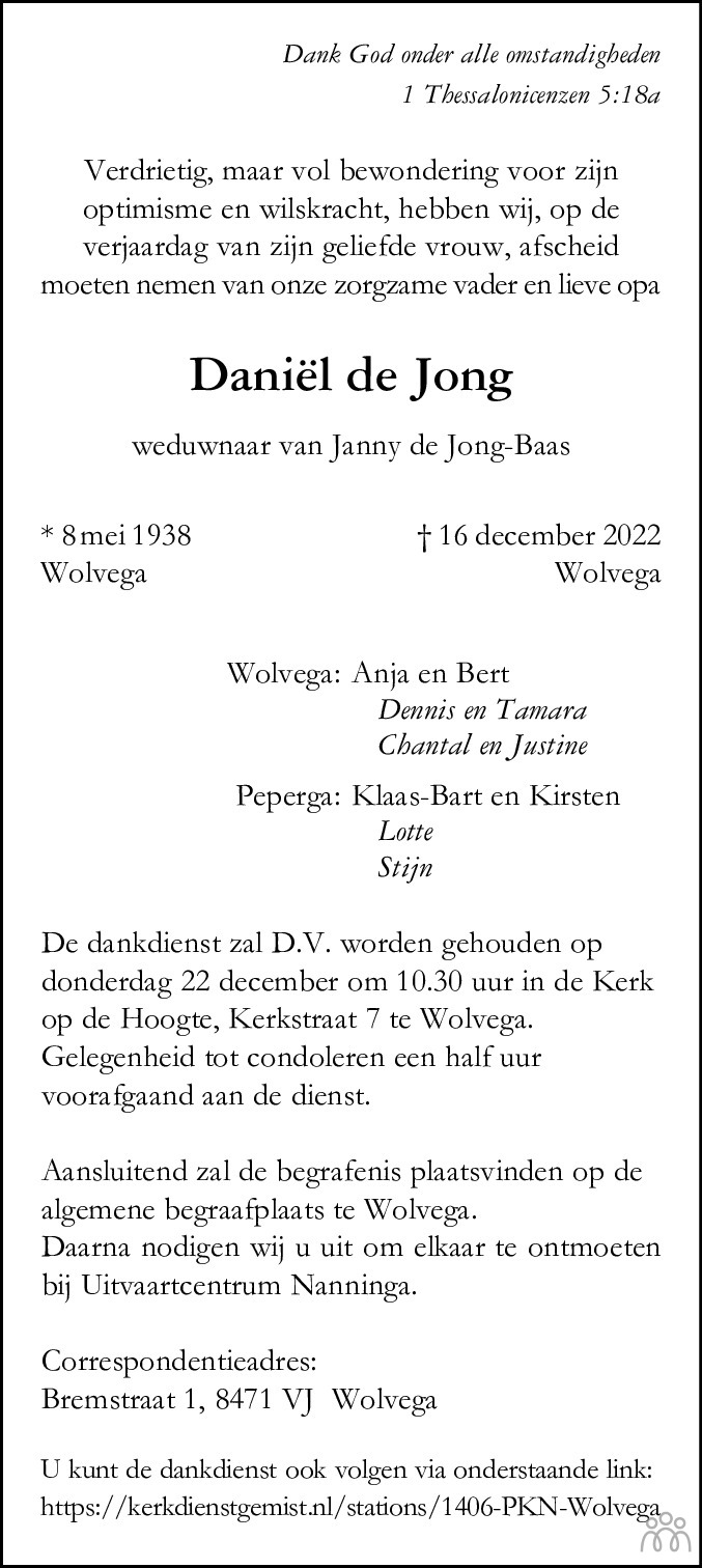 Daniël de Jong 16-12-2022 overlijdensbericht en condoleances ...