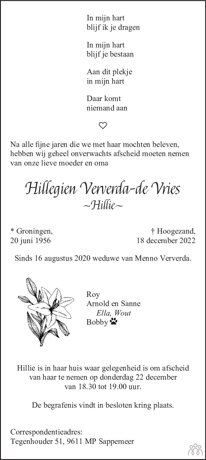 Hillegien (Hillie) Ververda-de Vries 18-12-2022 overlijdensbericht en ...