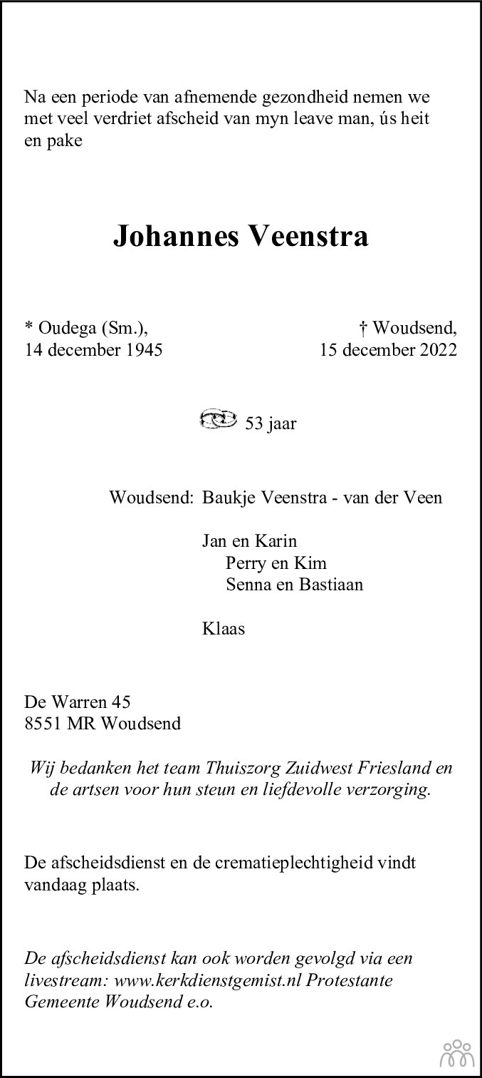 Johannes Veenstra 15-12-2022 overlijdensbericht en condoleances ...