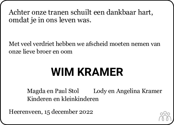 Willem Jan (Wim) Kramer 15-12-2022 overlijdensbericht en condoleances ...