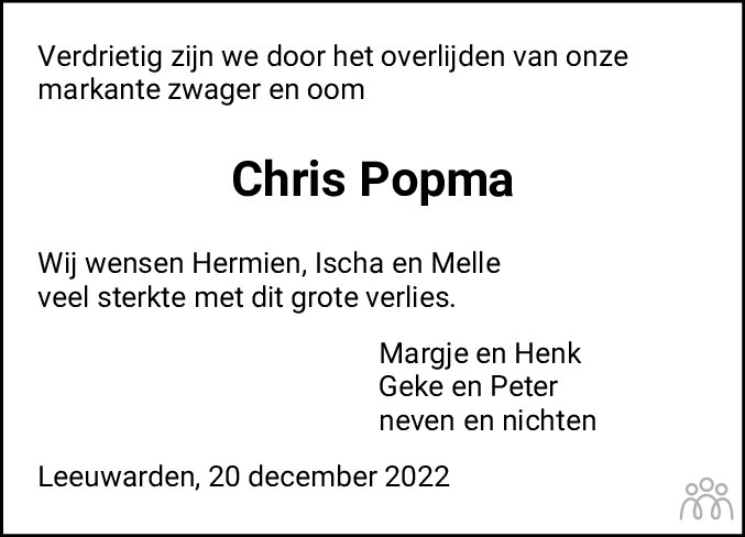 Christofoor Caspar Williebrord (Chris) Popma 20-12-2022 ...