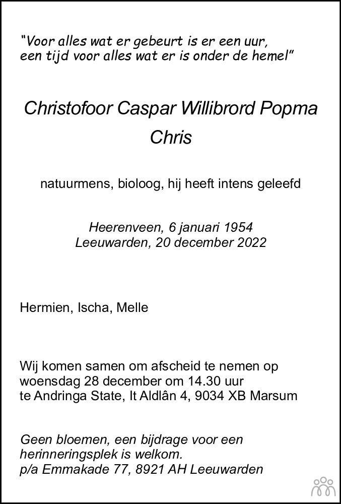 Christofoor Caspar Williebrord (Chris) Popma 20-12-2022 ...
