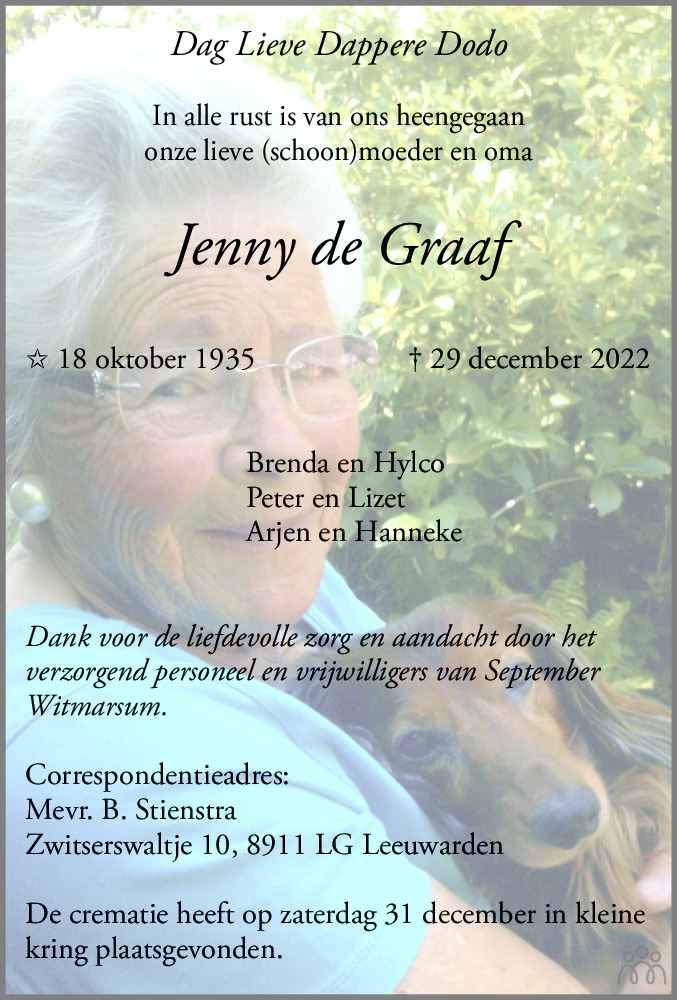 Jenny de Graaf 29-12-2022 overlijdensbericht en condoleances ...