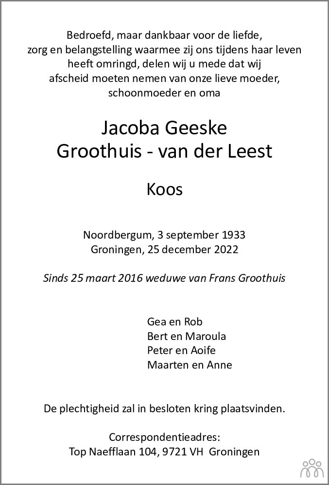 Jacoba Geeske (Koos) Groothuis-van der Leest 25-12-2022 ...