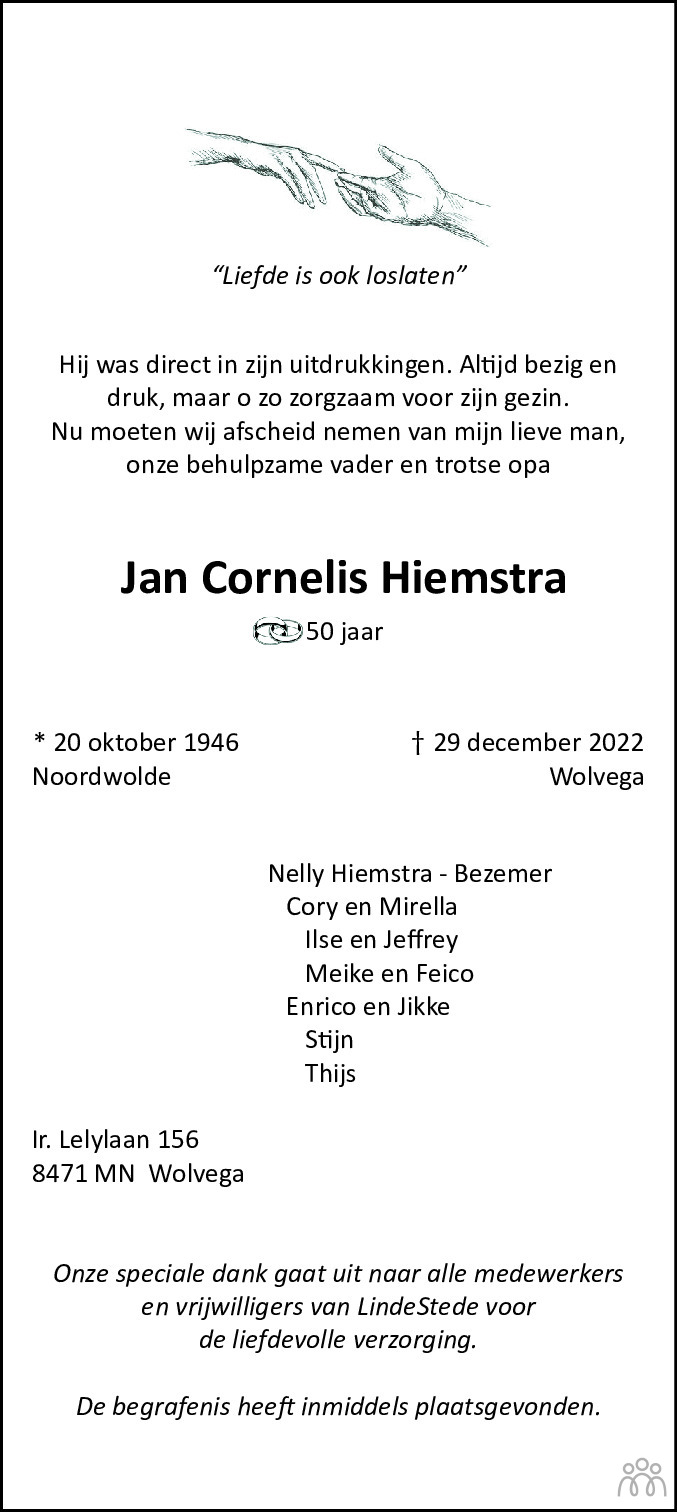 Jan Cornelis Hiemstra 29-12-2022 overlijdensbericht en condoleances ...