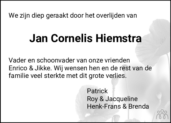 Jan Cornelis Hiemstra 29-12-2022 overlijdensbericht en condoleances ...