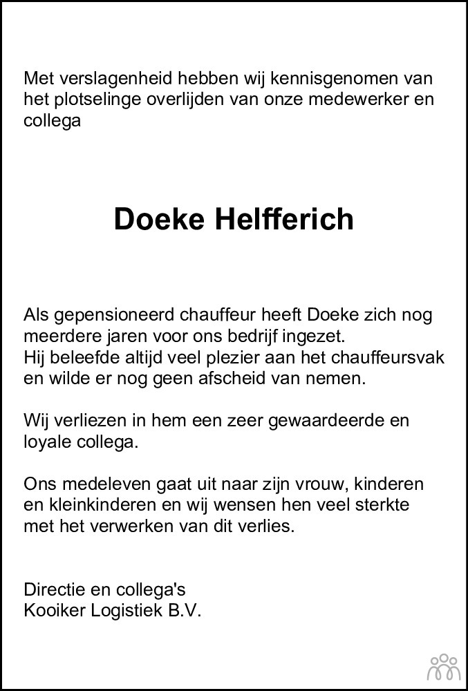 Doeke Helfferich 02-01-2023 overlijdensbericht en condoleances ...
