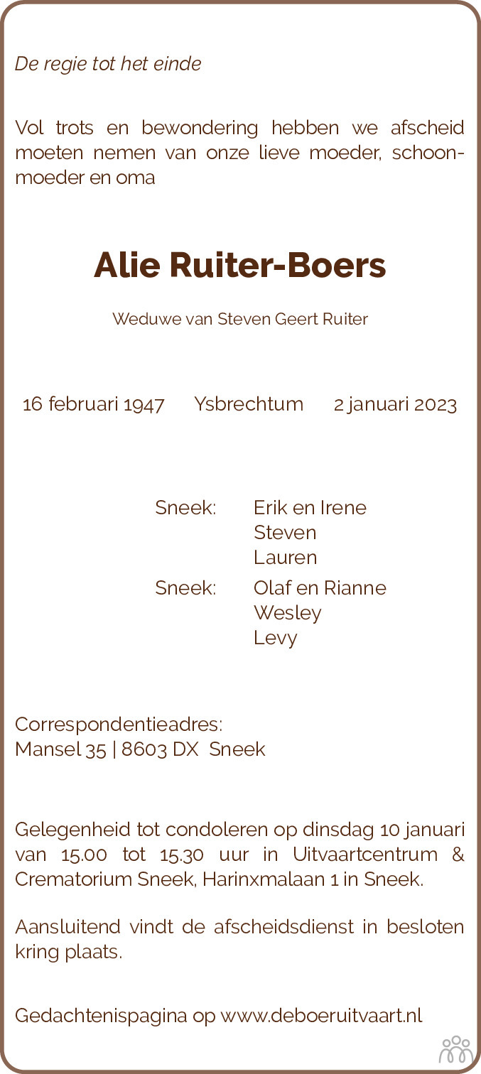 Alie Ruiter-Boers 02-01-2023 overlijdensbericht en condoleances ...