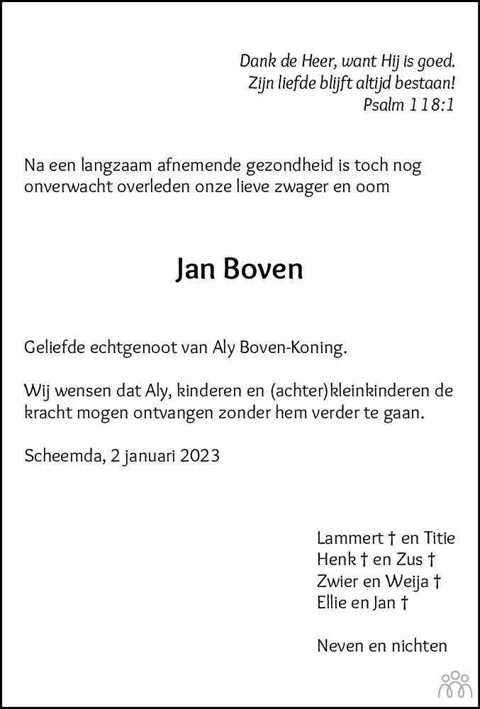 Jan Boven 02-01-2023 overlijdensbericht en condoleances - Mensenlinq.nl