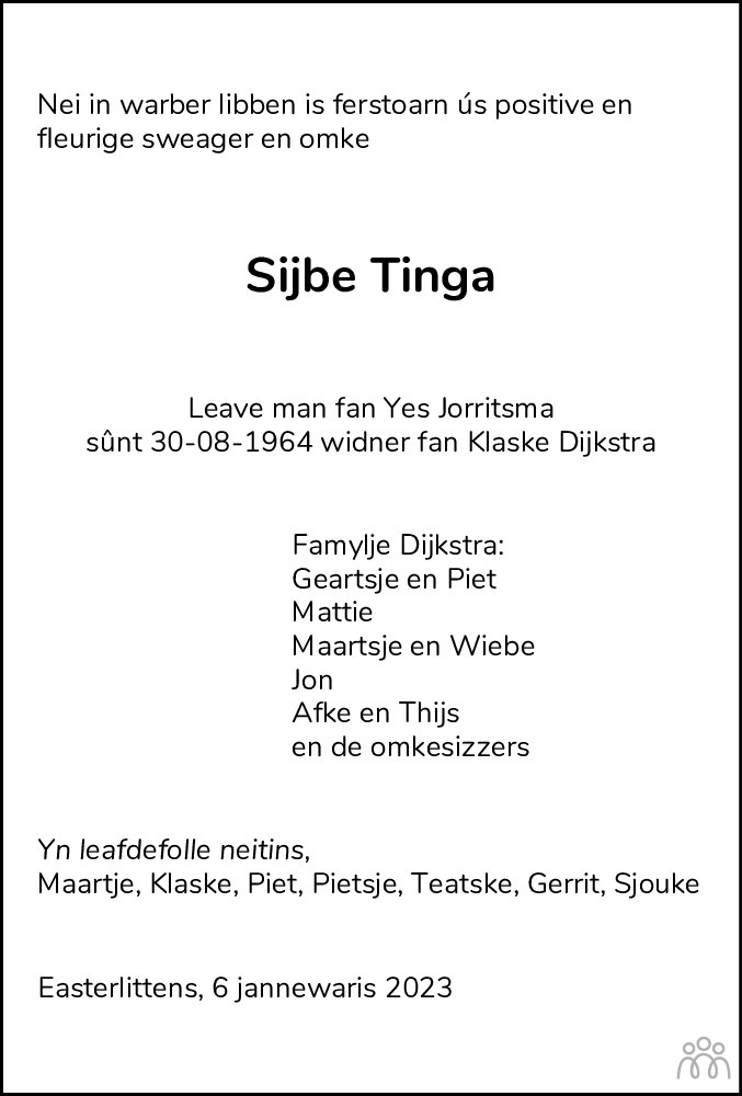 Sybe Klaas (Sijbe) Tinga 06-01-2023 overlijdensbericht en condoleances ...