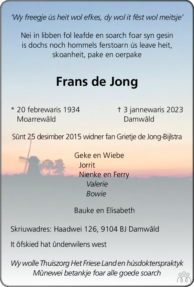 Frans de Jong 03-01-2023 overlijdensbericht en condoleances - Mensenlinq.nl