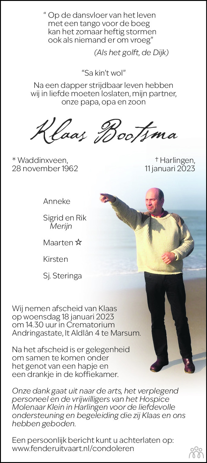 Klaas Bootsma 11-01-2023 overlijdensbericht en condoleances - Mensenlinq.nl
