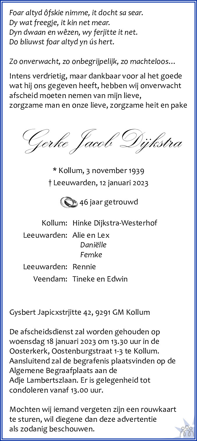 Gerke Jacob Dijkstra 12-01-2023 overlijdensbericht en condoleances ...