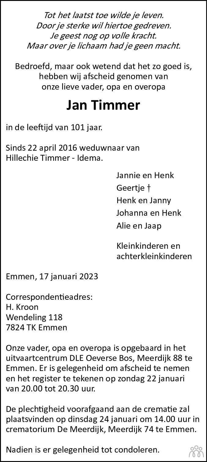 Jan Timmer 17-01-2023 overlijdensbericht en condoleances - Mensenlinq.nl