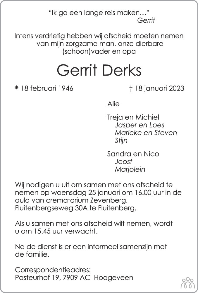 Gerrit Derks 18-01-2023 overlijdensbericht en condoleances - Mensenlinq.nl