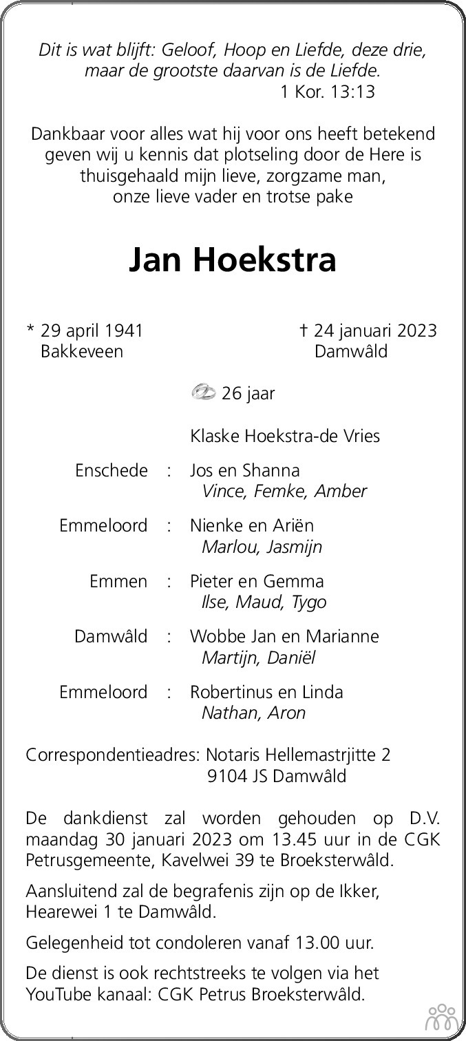 Jan Hoekstra 24-01-2023 overlijdensbericht en condoleances - Mensenlinq.nl