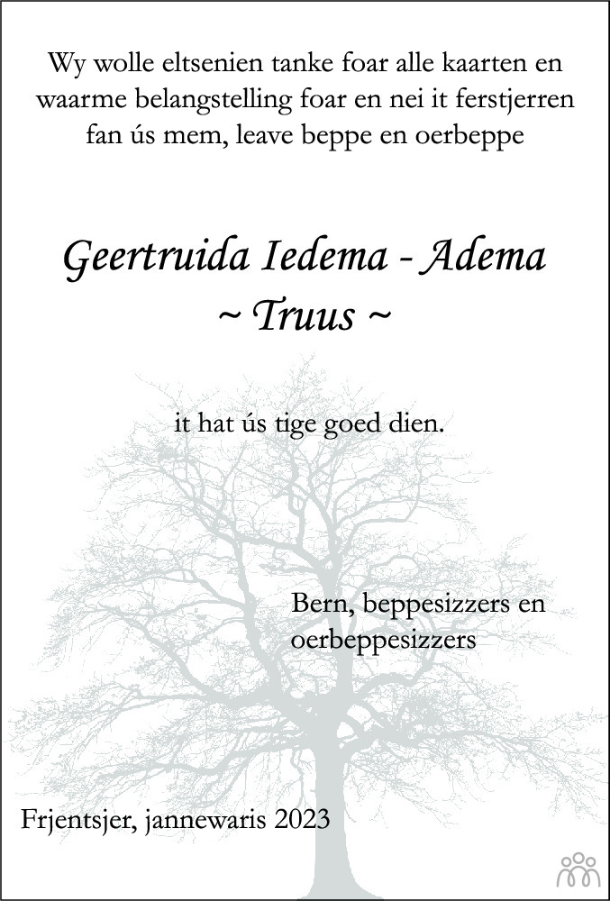 Geertruida (Truus) Iedema-Adema 07-12-2022 overlijdensbericht en ...