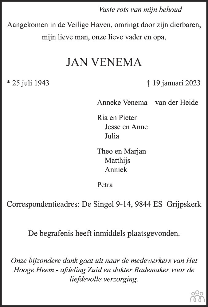 Jan Venema 19-01-2023 overlijdensbericht en condoleances - Mensenlinq.nl