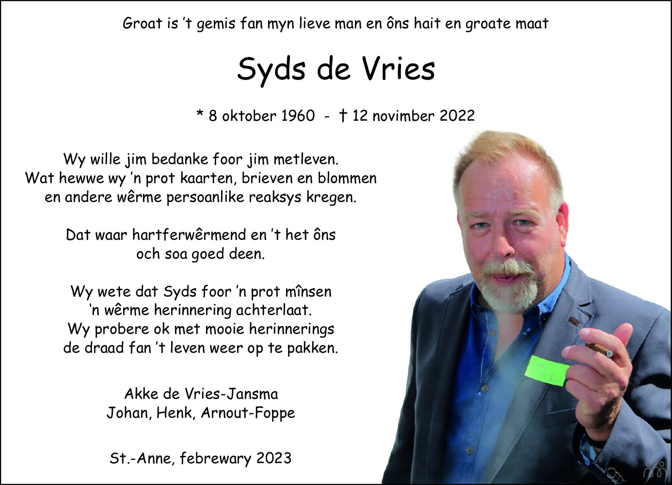Syds De Vries 12 11 2022 Overlijdensbericht En Condoleances Mensenlinq Nl