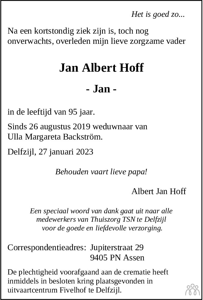 Jan Albert (Jan) Hoff 27-01-2023 overlijdensbericht en condoleances ...