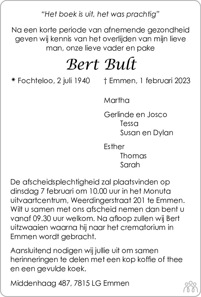 Bert Bult 01-02-2023 overlijdensbericht en condoleances - Mensenlinq.nl