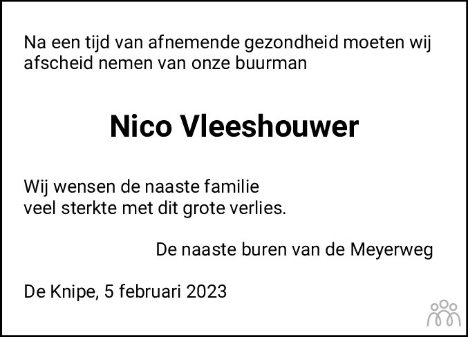 Nico Vleeshouwer 05-02-2023 overlijdensbericht en condoleances ...