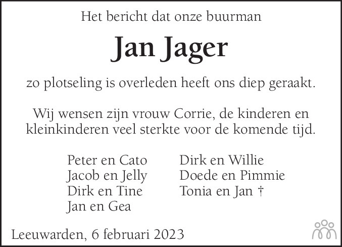 Jan Jager 06-02-2023 overlijdensbericht en condoleances - Mensenlinq.nl