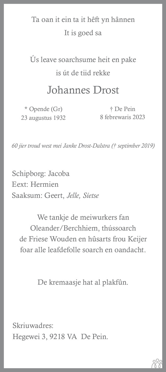 Johannes Drost 08-02-2023 overlijdensbericht en condoleances ...