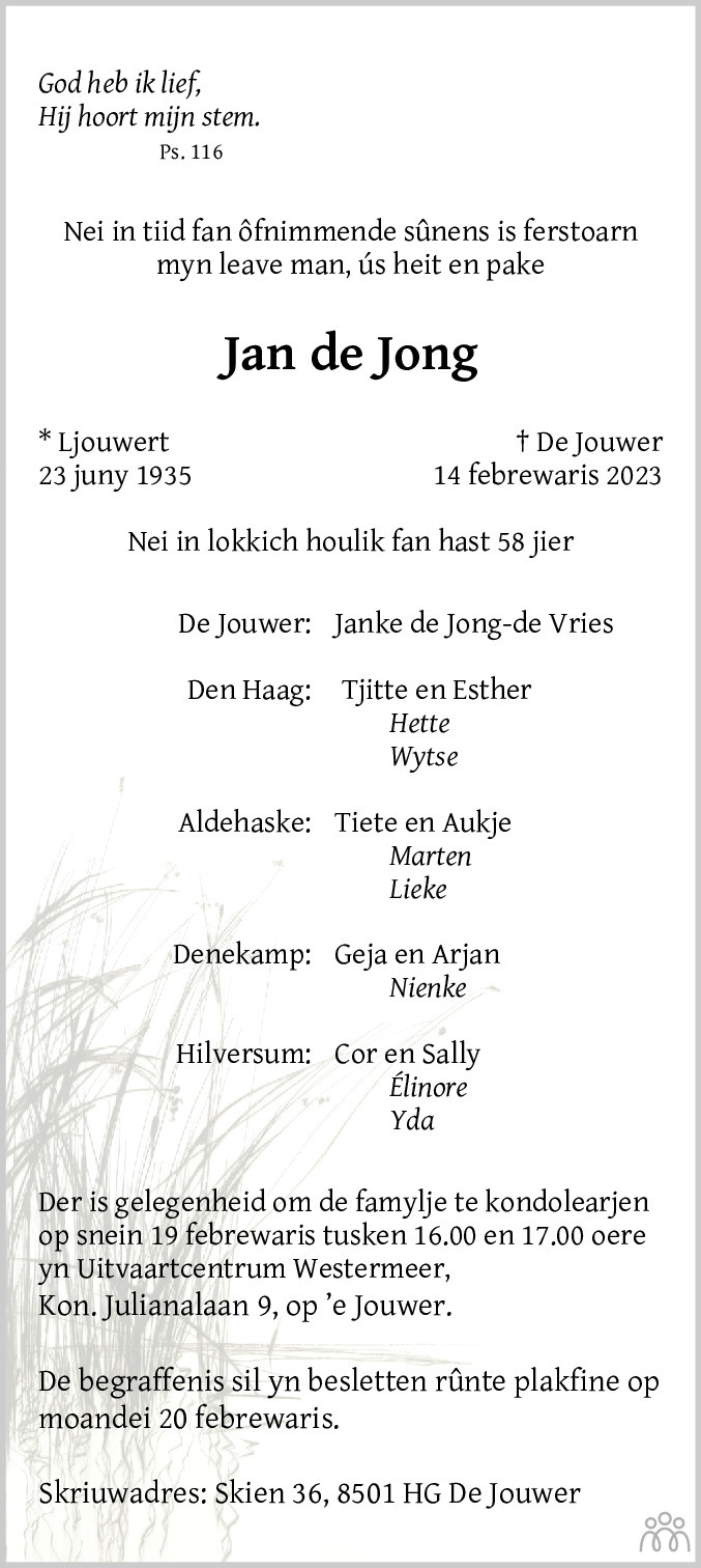 Jan de Jong 14-02-2023 overlijdensbericht en condoleances - Mensenlinq.nl