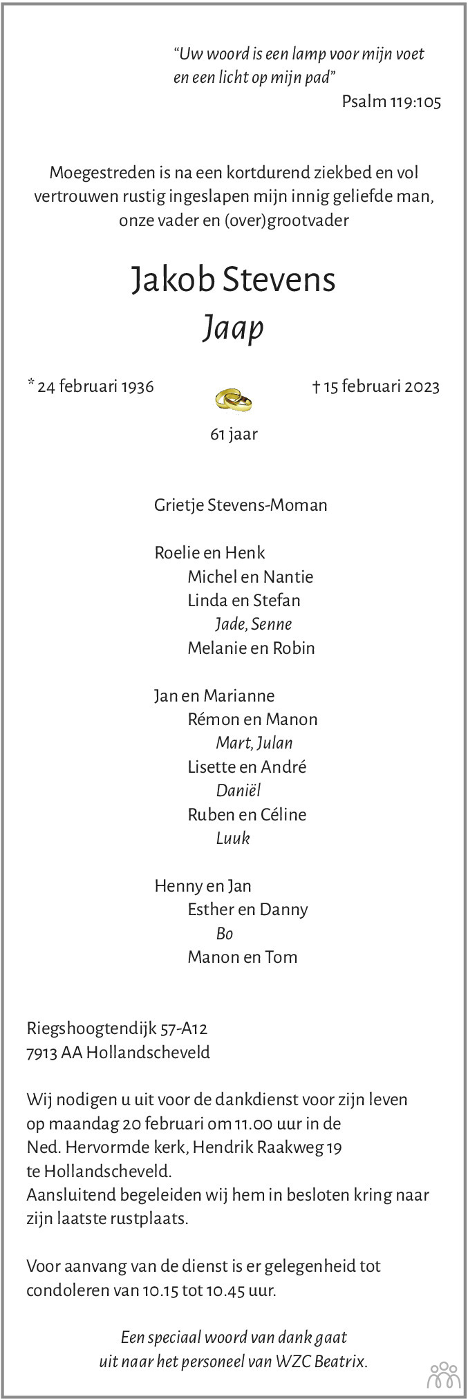 Jacob (Jaap) Stevens 15-02-2023 overlijdensbericht en condoleances ...