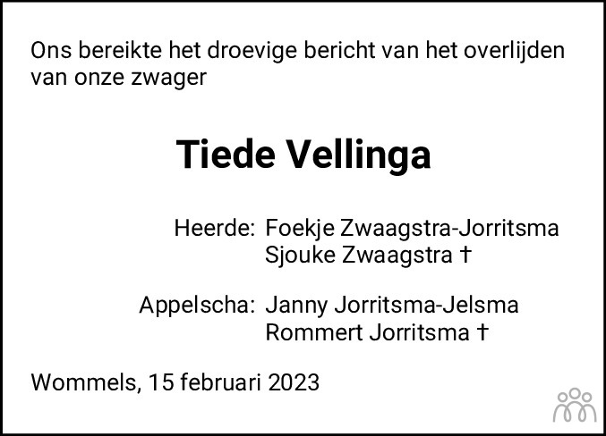 Tiede Vellinga 15-02-2023 overlijdensbericht en condoleances ...