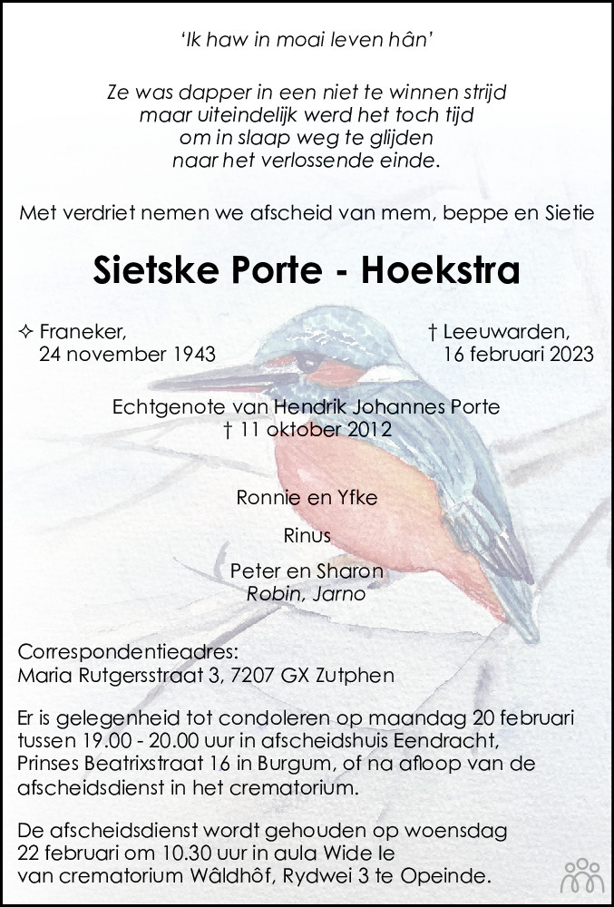 Sietske Porte-Hoekstra 16-02-2023 overlijdensbericht en condoleances ...