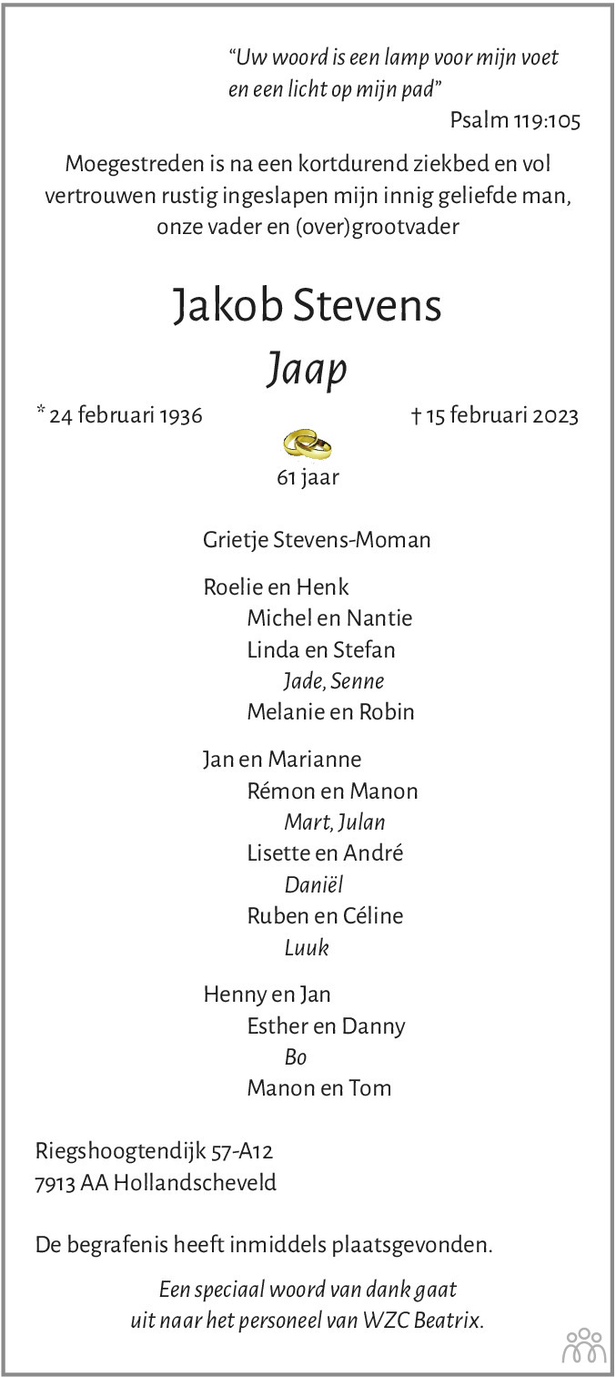 Jacob (Jaap) Stevens 15-02-2023 overlijdensbericht en condoleances ...