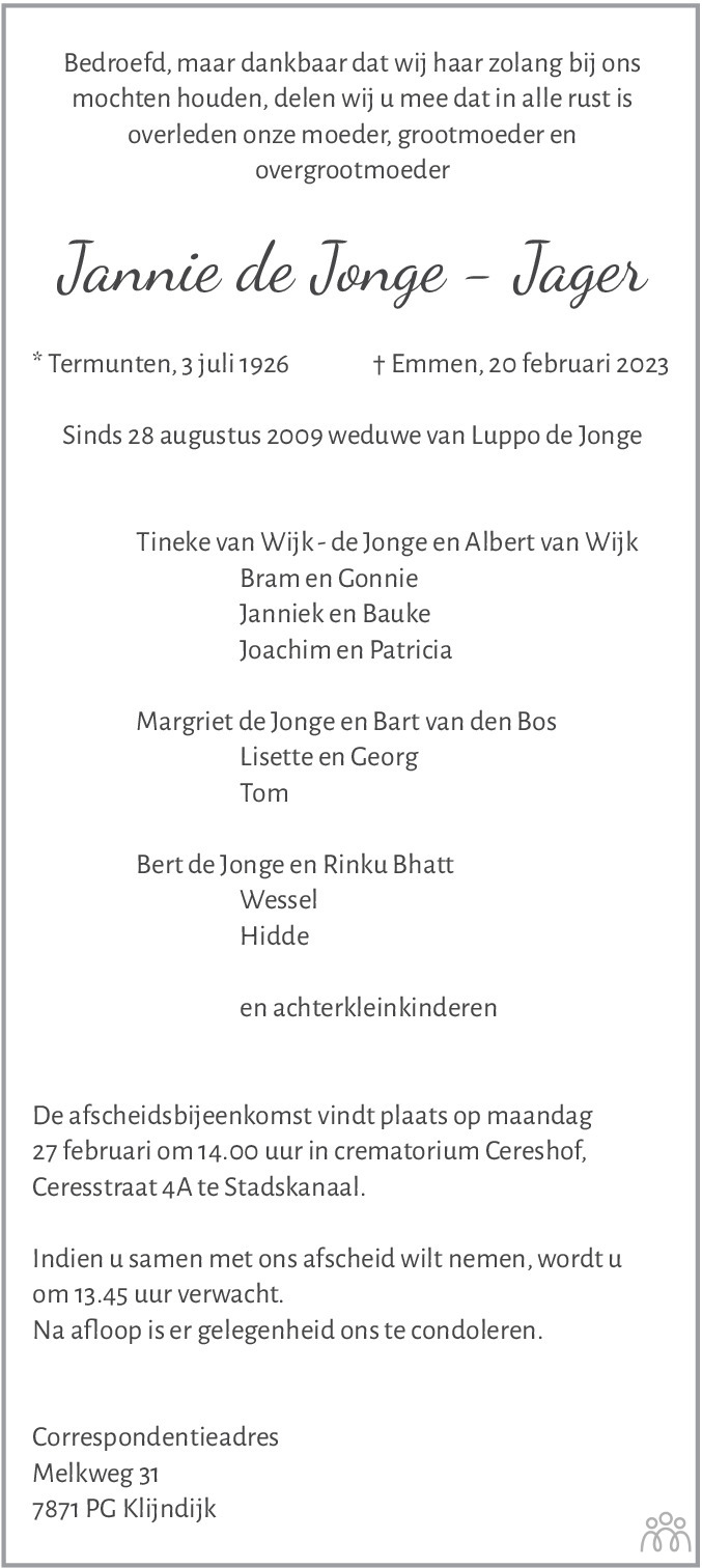 Jannie de Jonge-Jager 20-02-2023 overlijdensbericht en condoleances ...