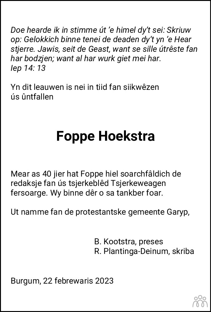Foppe Hoekstra 22-02-2023 overlijdensbericht en condoleances ...
