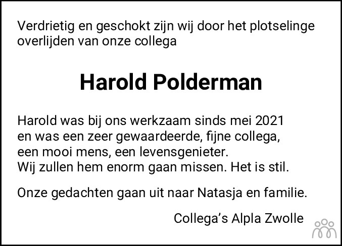 Harold Polderman 27-02-2023 overlijdensbericht en condoleances ...