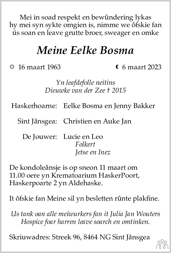Meine Eelke Bosma 06-03-2023 overlijdensbericht en condoleances - Mensenlinq.nl