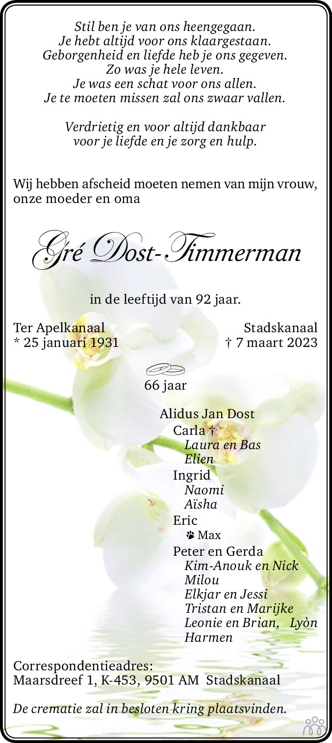Gré Dost-Timmerman 07-03-2023 overlijdensbericht en condoleances ...