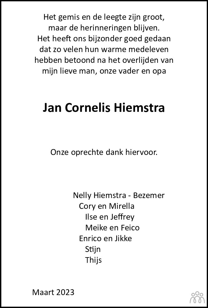 Jan Cornelis Hiemstra 29-12-2022 overlijdensbericht en condoleances ...