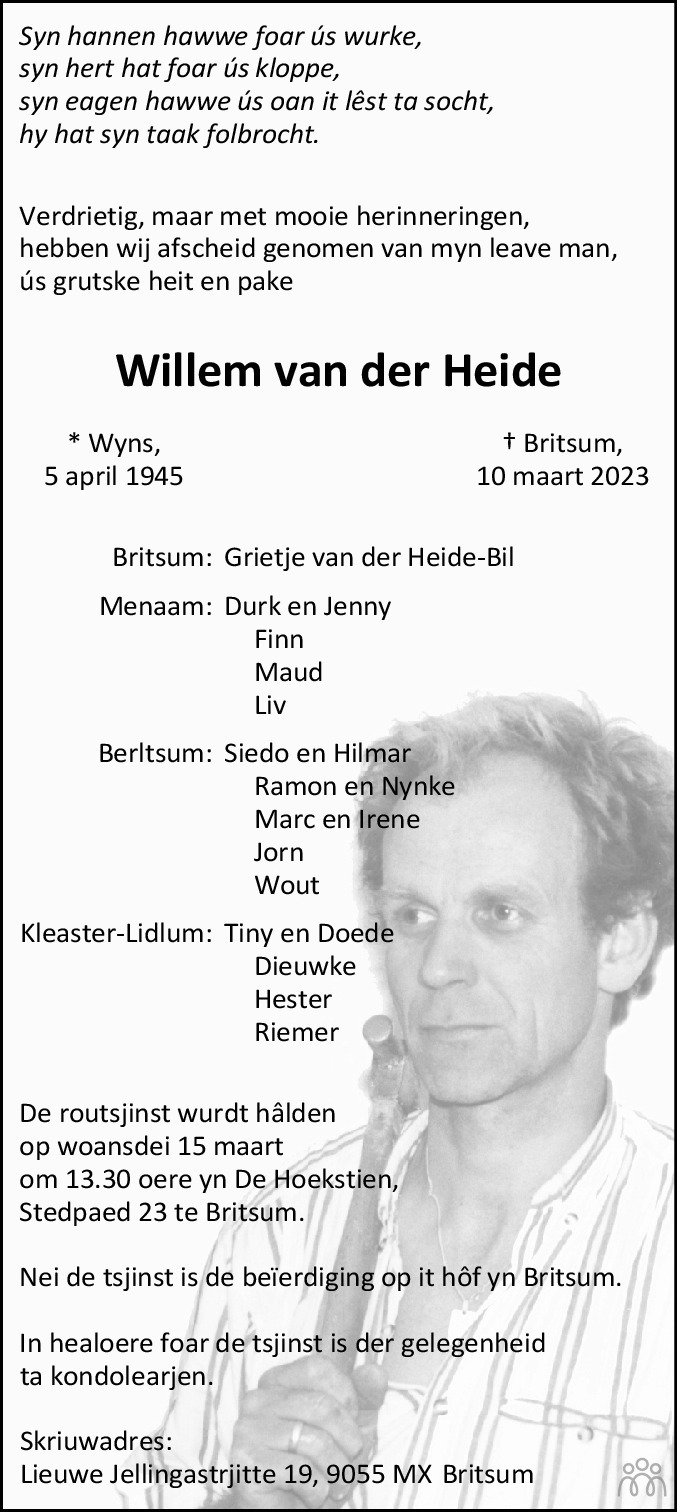 Willem van der Heide 10-03-2023 overlijdensbericht en condoleances - Mensenlinq.nl