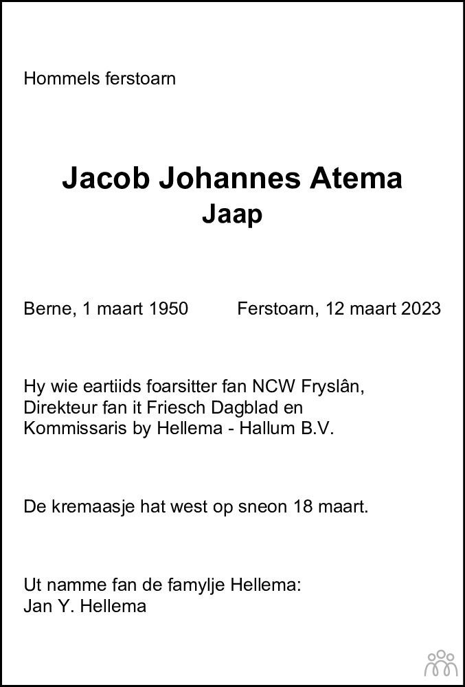 Jacob Johannes (Jaap) Atema 12-03-2023 overlijdensbericht en ...