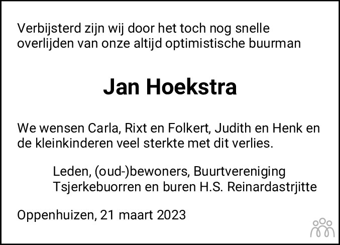Jan Hoekstra 21-03-2023 overlijdensbericht en condoleances - Mensenlinq.nl