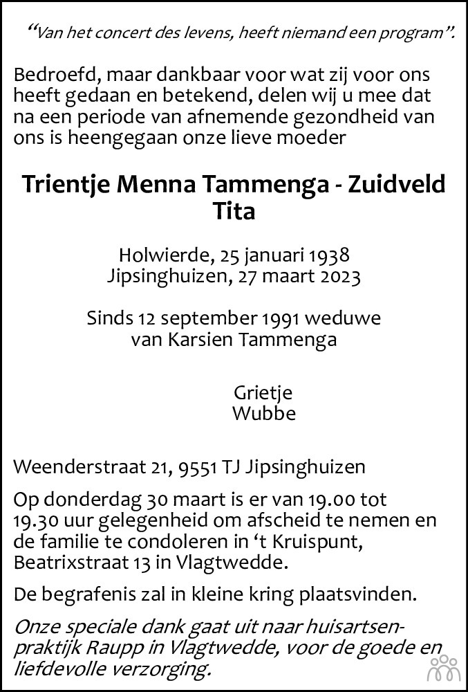 Trientje Menna (Tita) Tammenga-Zuidveld 27-03-2023 overlijdensbericht ...