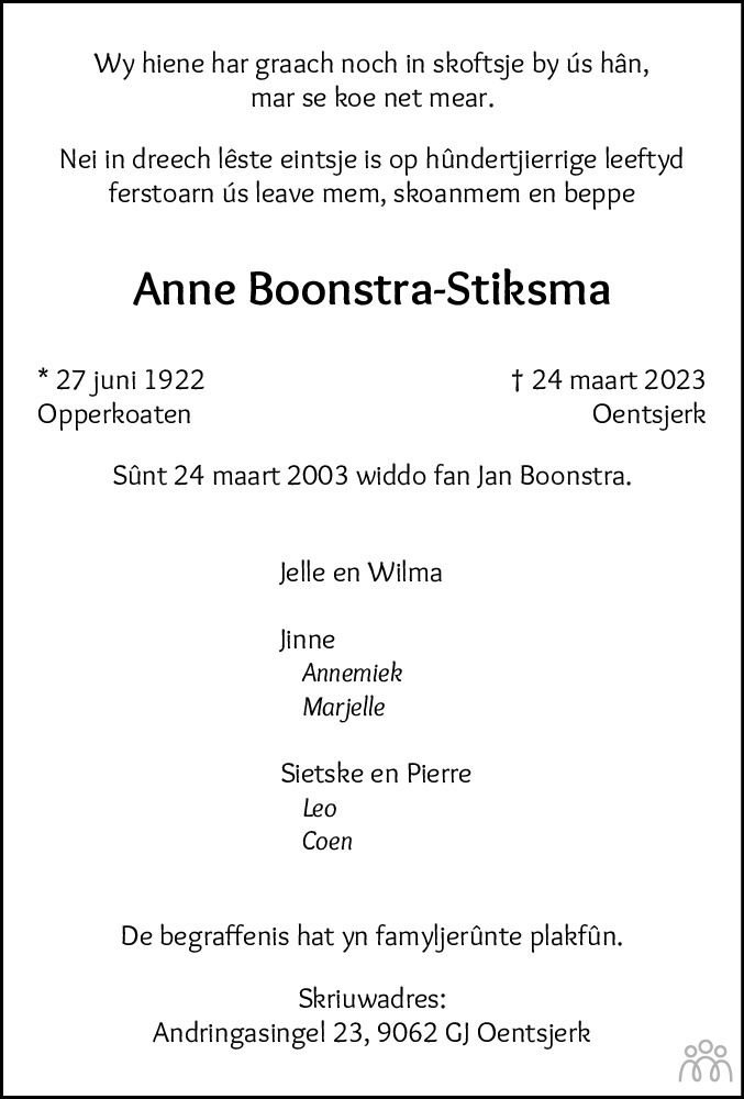 Anne Boonstra-Stiksma 24-03-2023 overlijdensbericht en condoleances ...