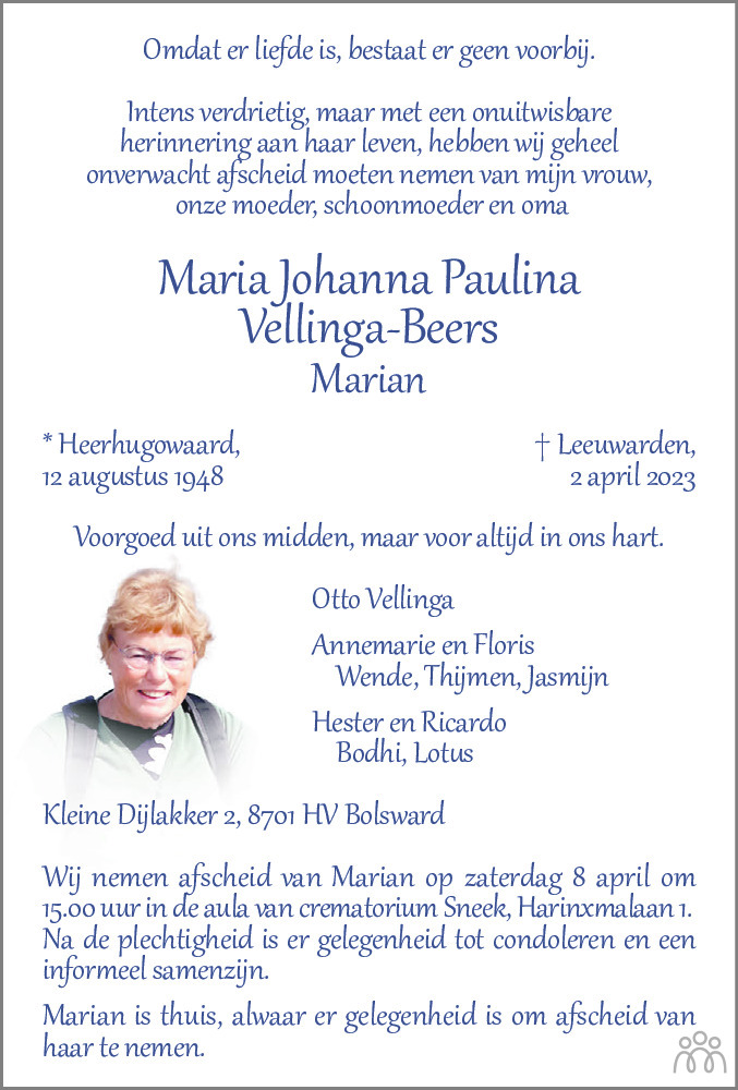 Maria Johanna Paulina (Marian) Vellinga-Beers 02-04-2023 ...