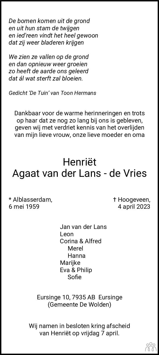Henriët van der Lans-de Vries 04-04-2023 overlijdensbericht en ...