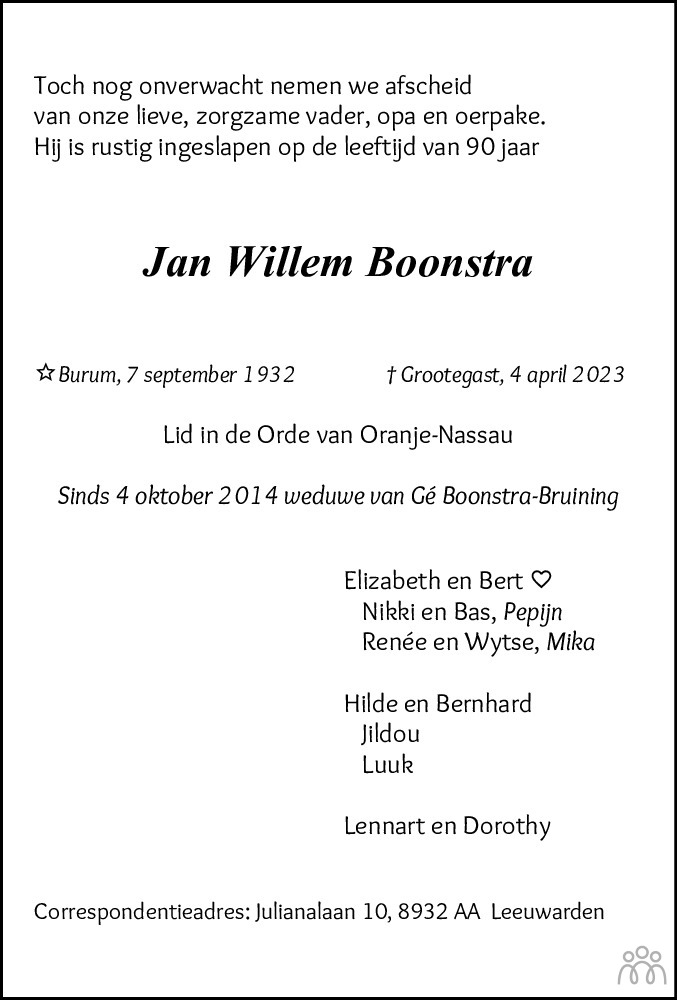 Jan Willem Boonstra 04-04-2023 overlijdensbericht en condoleances ...