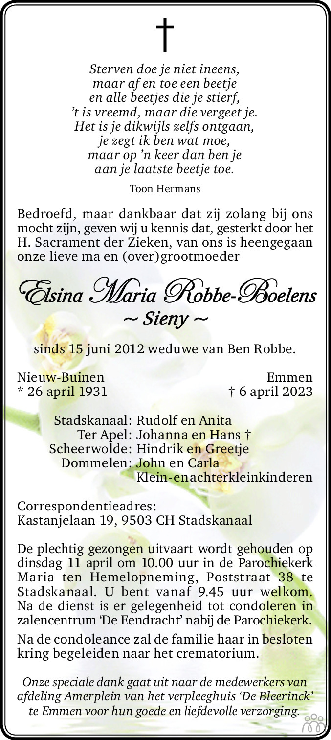 Elsina Maria (Sieny) Robbe-Boelens 06-04-2023 overlijdensbericht en ...