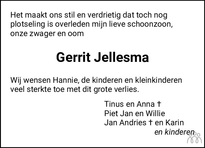 Gerrit Anne Jellesma 08-04-2023 overlijdensbericht en condoleances - Mensenlinq.nl