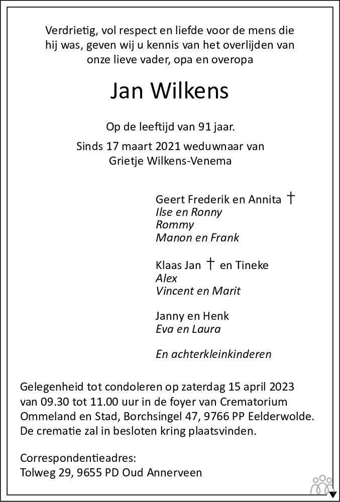 Jan Wilkens 09-04-2023 overlijdensbericht en condoleances - Mensenlinq.nl